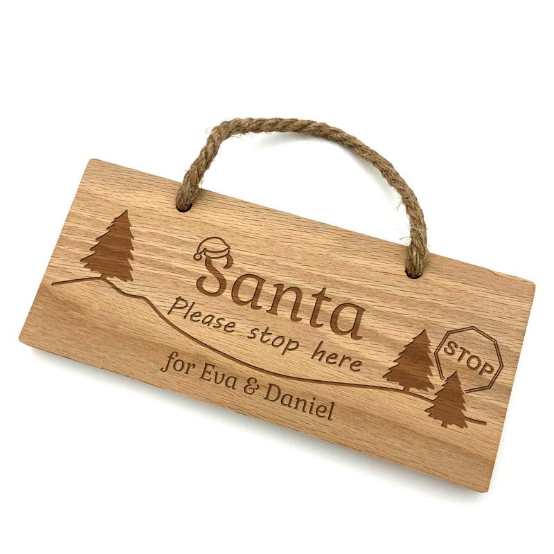 Personalised Santa Stop Here Sign Oak Engraved | Personalised Christmas